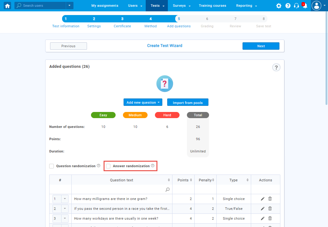 How to use the question and answer randomization option | YouTestMe