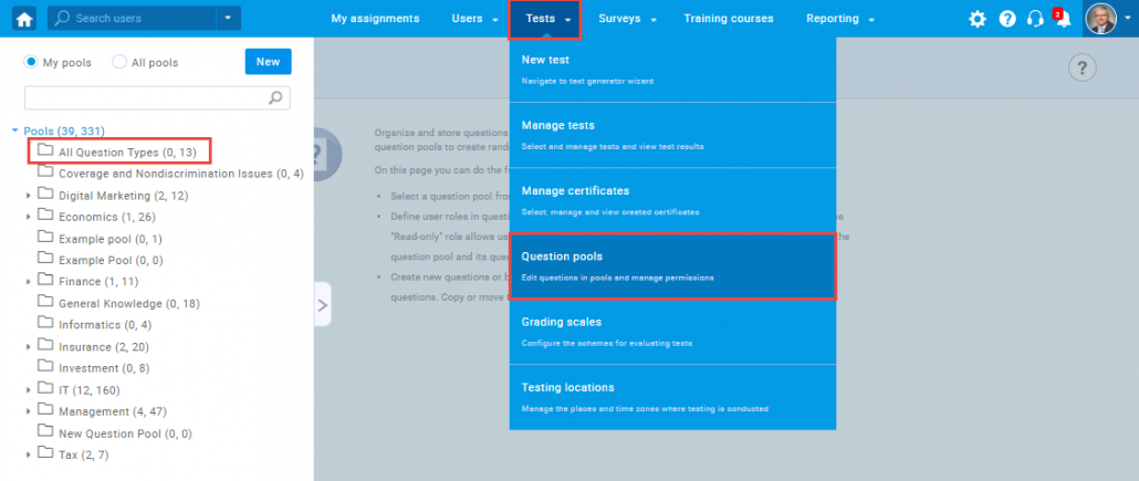 How to filter questions in question pools | YouTestMe