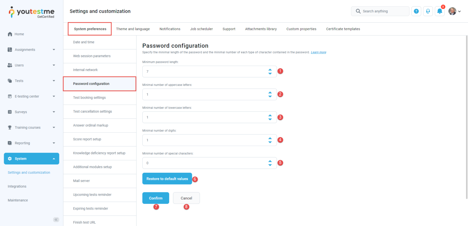 How to set up password configuration | YouTestMe